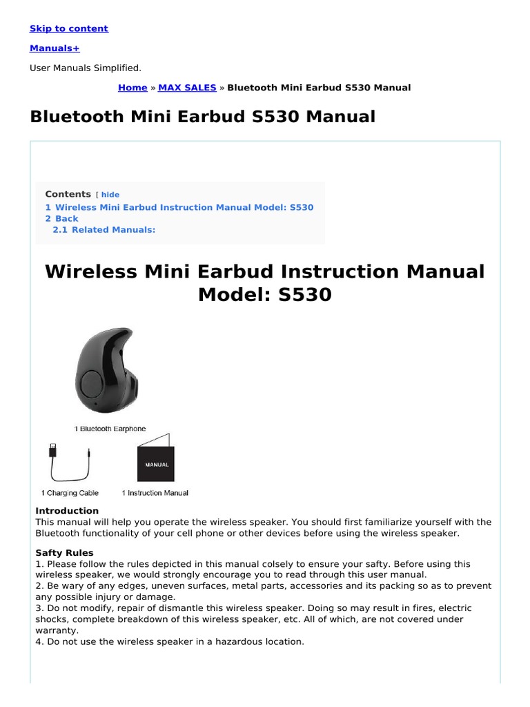 Bluetooth Mini Earbud s530 Manual | PDF | Electromagnetic Interference | Bluetooth