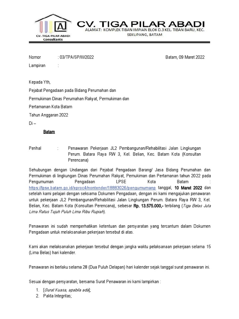Contoh Surat Penawaran Lpse | PDF