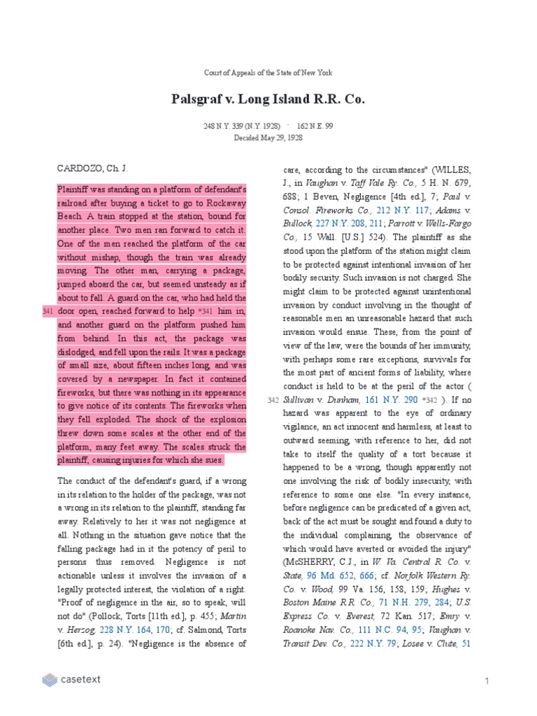 Palsgraf v. Long Island R.R. Co | PDF | Negligence | Tort
