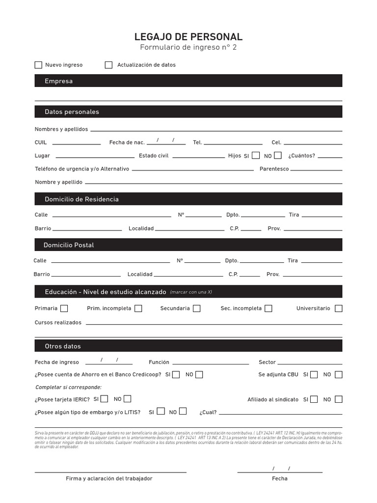 2-Form Legajo de Personal OBRA | PDF | Economias