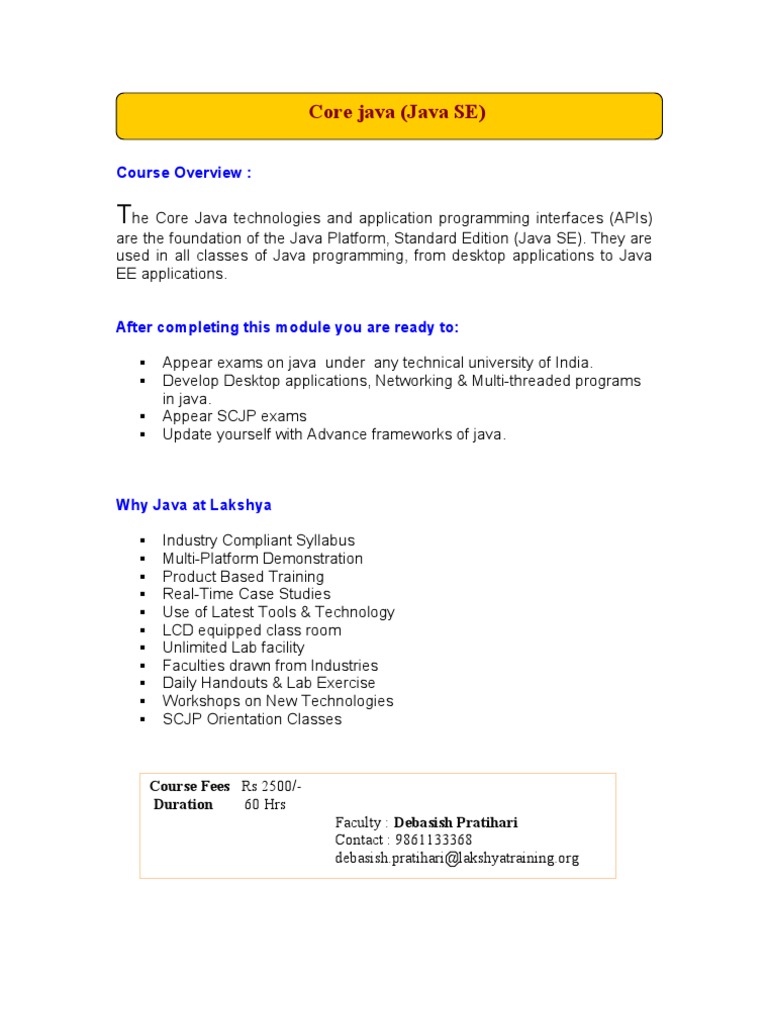 Core Java (Java SE) : Course Overview | PDF | Java (Programming ...