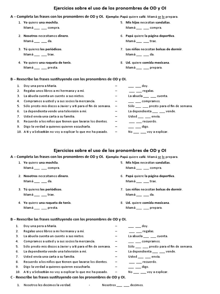 Ejercicios de pronombres OD y OI | PDF | Hogar, jardinería y bricolaje
