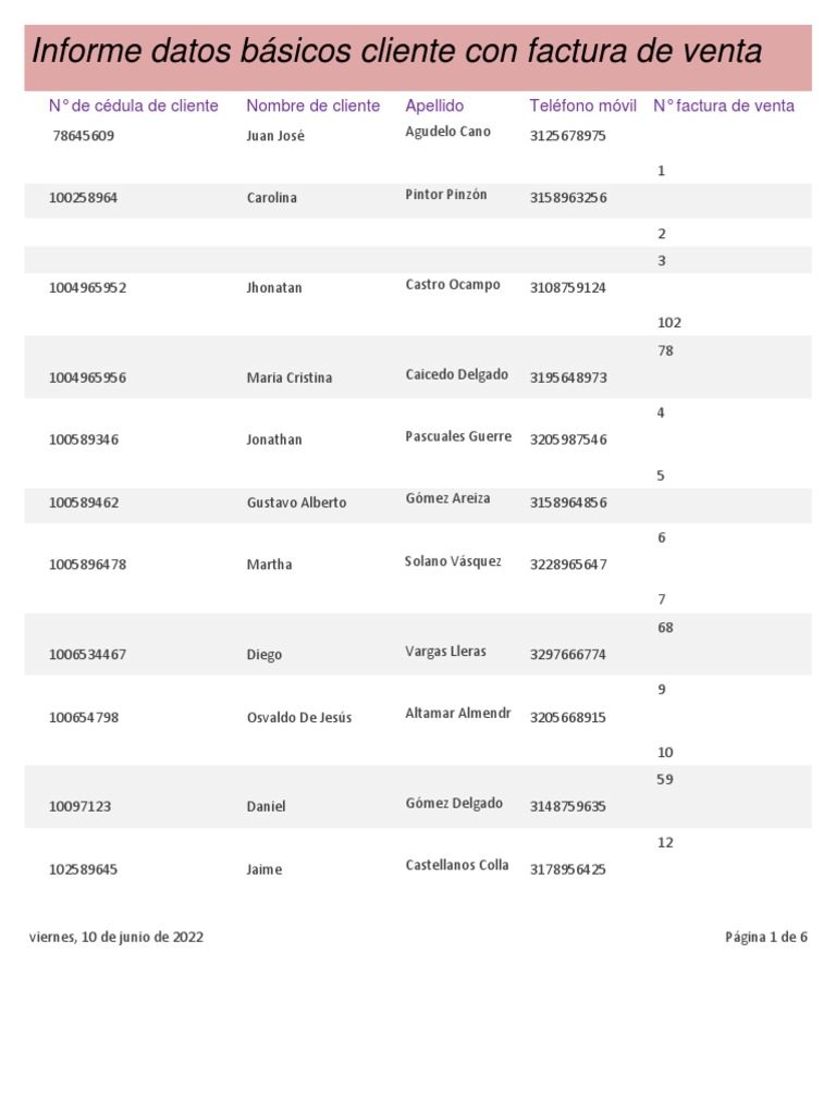 Informe Datos Basicos Cliente Con Factura de Venta | PDF