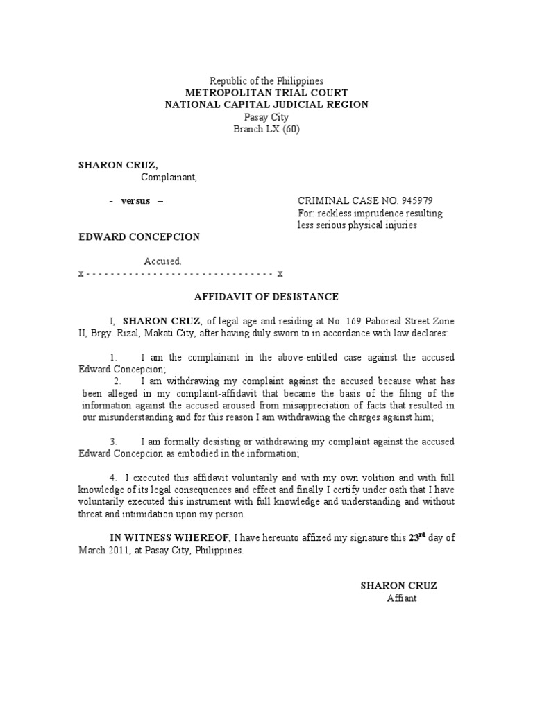 Affidavit of Desistance