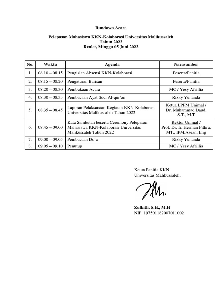 05.06.22 - Rundown Acara Pelepasan Mahasiswa KKN-Kolaborasi Universitas ...