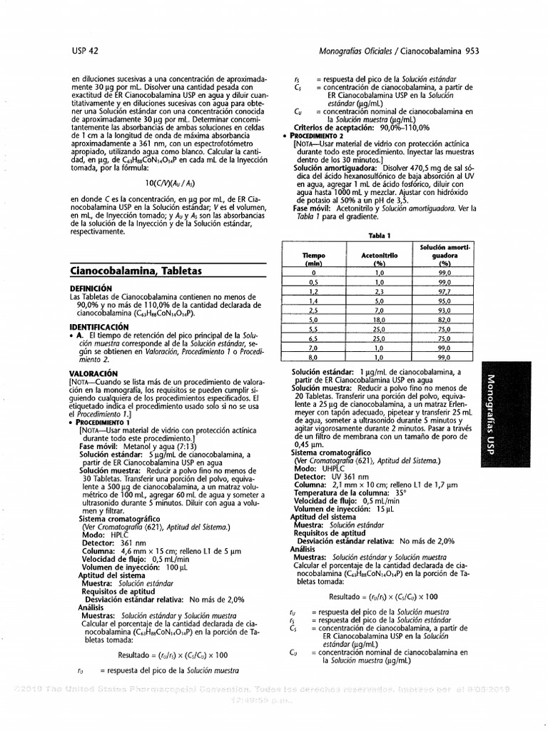 Cianocobalamina Tabletas USP 42 | PDF | Concentración | Ciencias fisicas