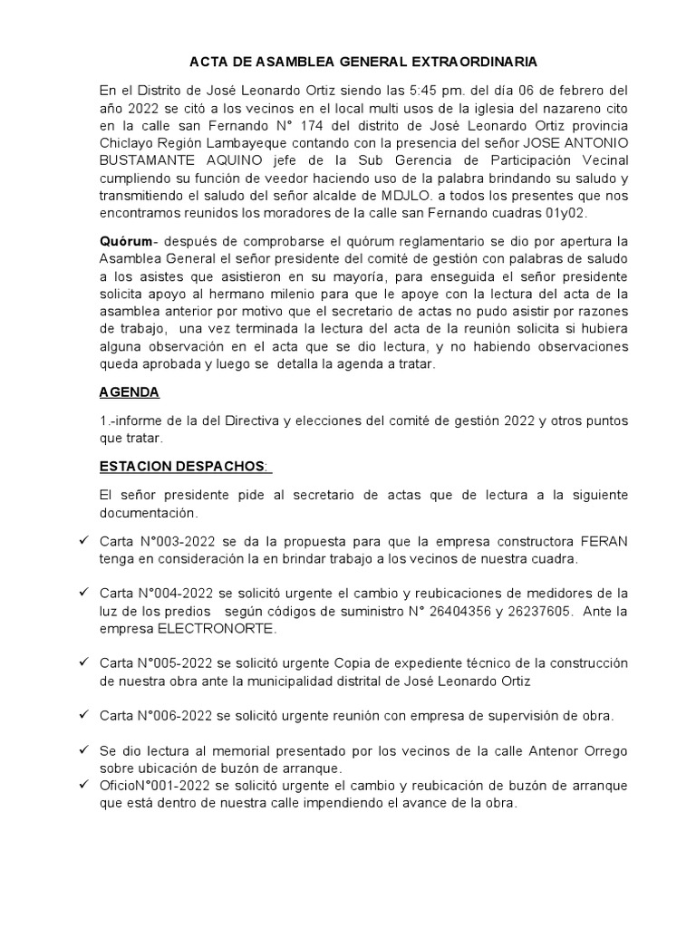 Acta de Asamblea General Extraordinaria | PDF | Reuniones | Eventos sociales
