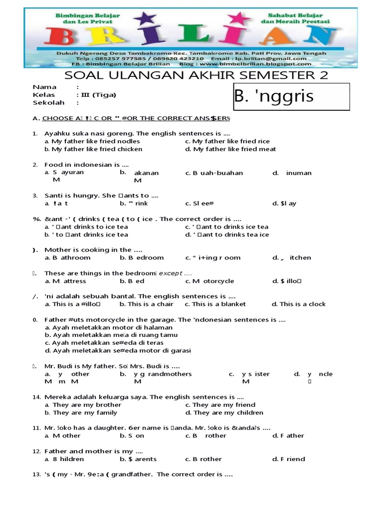 Soal Uas B Inggris Kelas 3 SD Semester 2 Dan Kunci Jawabanpdf | PDF | Cooking | Food Industry