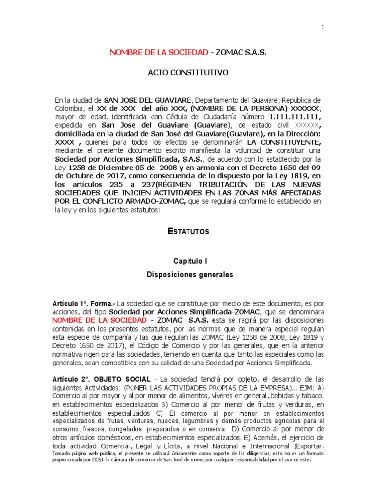 Consitutivo SAS ZOMAC | PDF | Sociedad | Economias