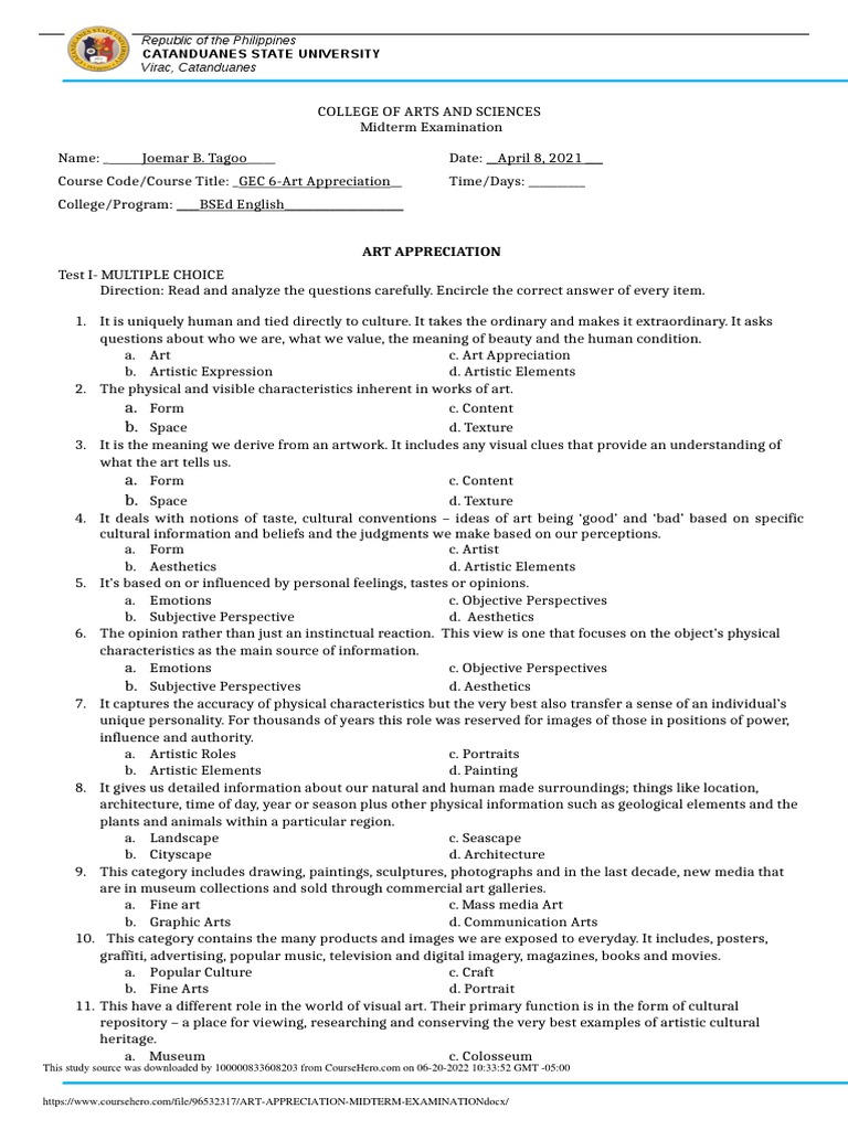 Art Appreciation Midterm Examination | PDF | Aesthetics | Composition (Visual Arts)