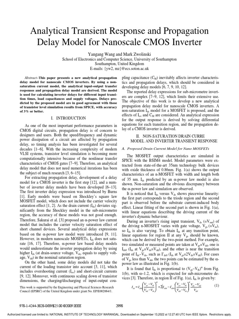 Analytical Transient Response and Propagation Delay Model For Nanoscale CMOS Inverter | PDF ...
