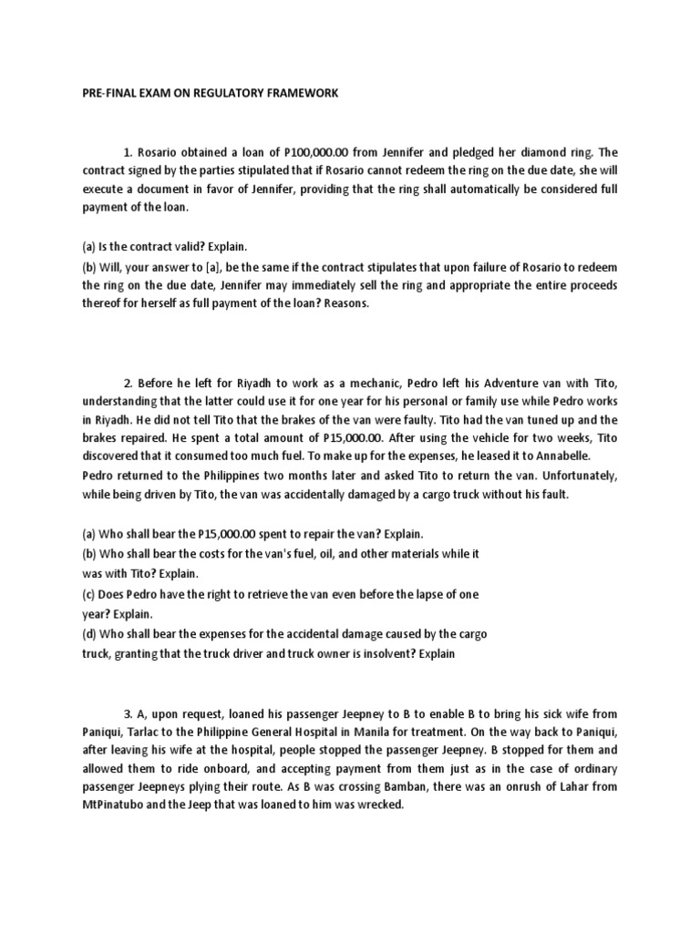 Pre Final Examination On Regulatory Framework | PDF | Loans | Question
