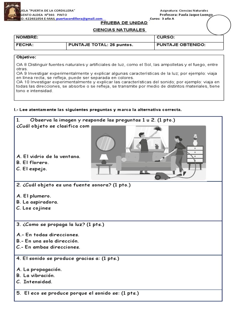 Evaluacion de Ciencias Luz Y Sonido | PDF | Sonido | Ligero