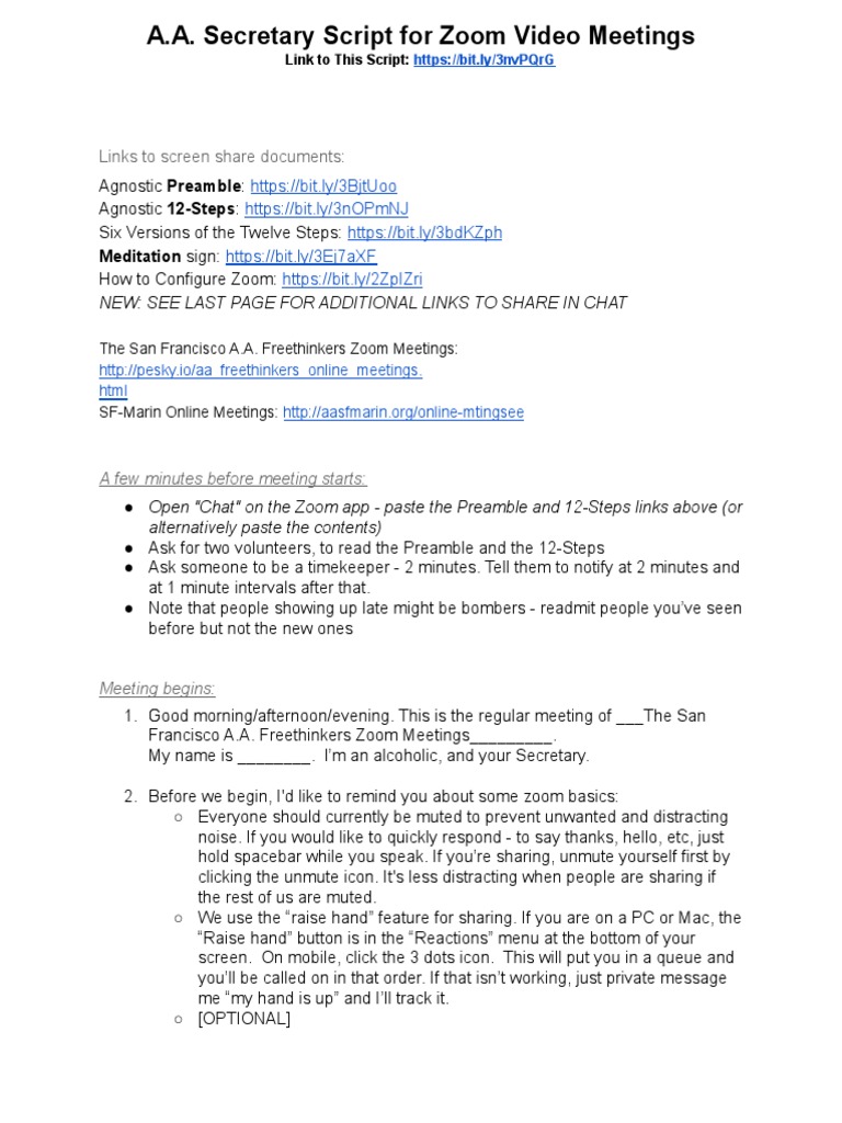 A.A. Secretary Script For Video Meetings | PDF | Alcoholics Anonymous | Software
