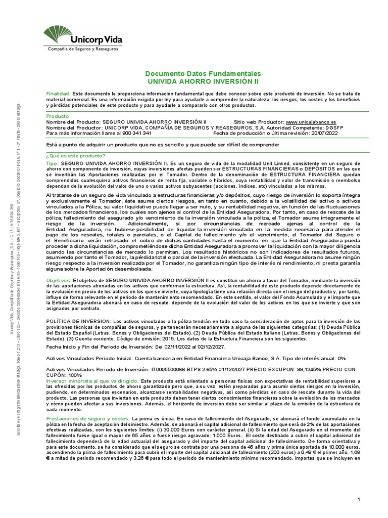 Kid Univida Ahorro Inversion II 1 | PDF | Seguro | Póliza de seguros