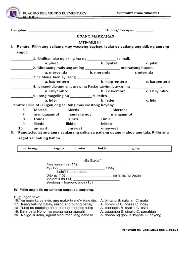 Unang Lagumang Pagsusulit Sa Mtb-Mle 3 Q1 | PDF