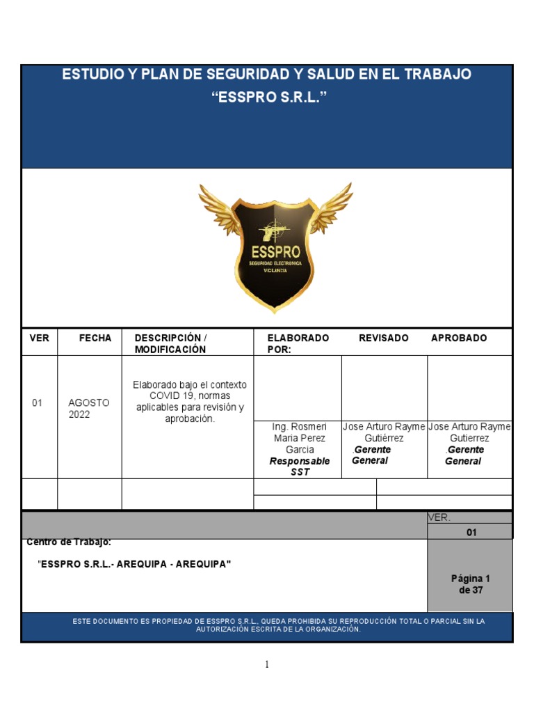Estudio y Plan de Seguridad y Salud en El Trabajo Esspro S.R.L. | PDF ...
