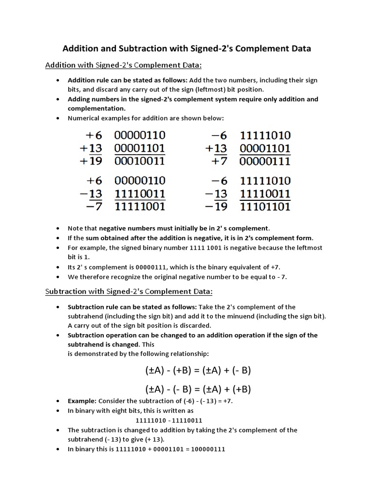 Addition And Subtraction With Signed 2s Complement Pdf Subtraction Mathematics 