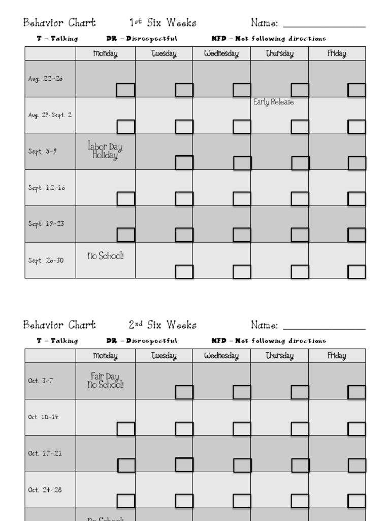 Behavior Chart 1 Six Weeks Name: - : Labor Day Holiday | PDF | Language ...
