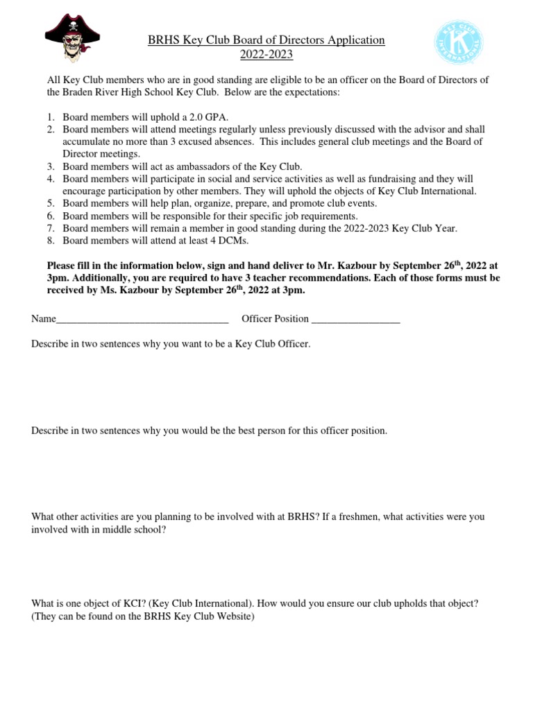 Key Club Officer Applications | PDF | Presidents Of The United States ...