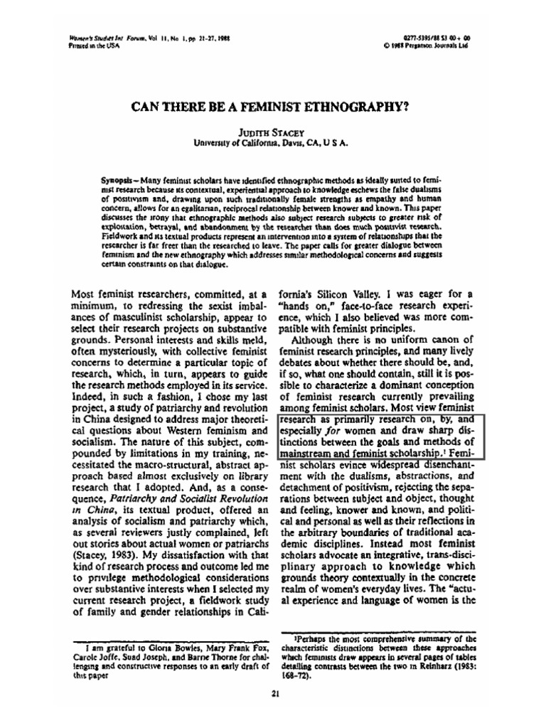 Can There Be A Feminist Ethnography Judith Stacey | PDF