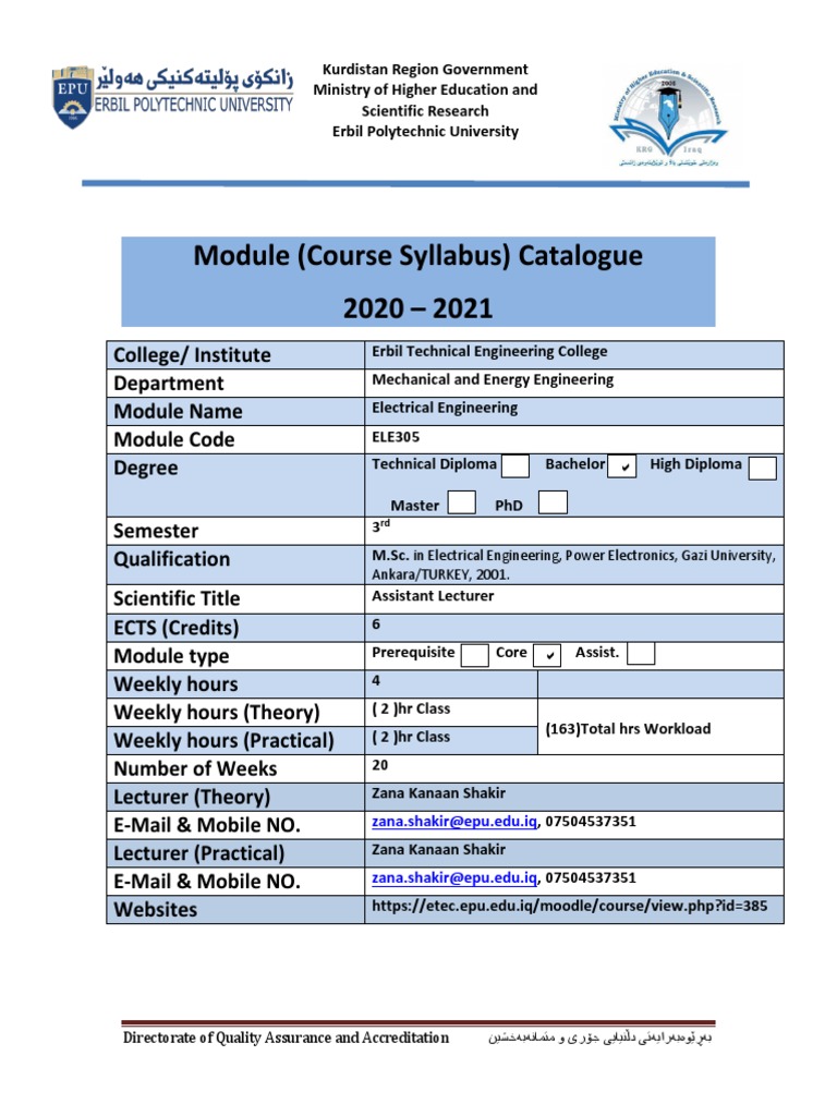 Module Course Syllabus Catalogue For 2nd Stage Pdf Electrical