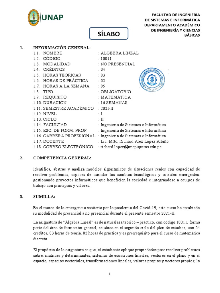 Sílabo Álgebra Lineal 2021-II-Richard López | PDF | Espacio vectorial ... Sílabo Álgebra Lineal 2021-II-Richard López | PDF | Espacio vectorial ...