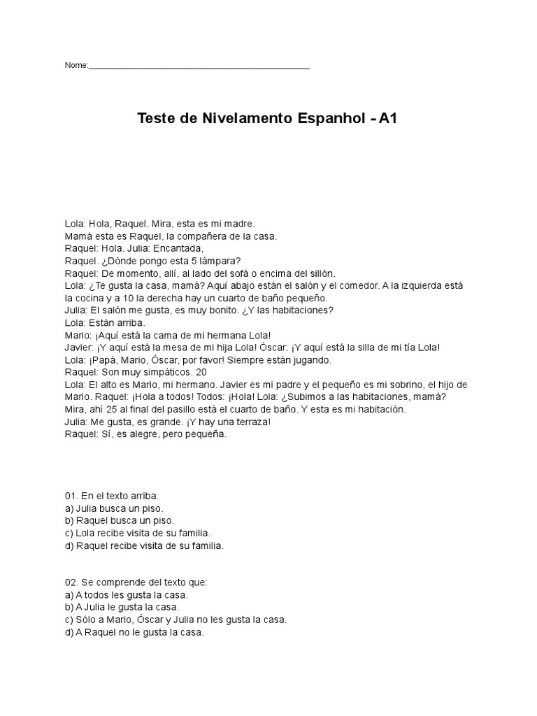 Teste Nivelamento Espanhol A1 Iniciantes | PDF | Rachel