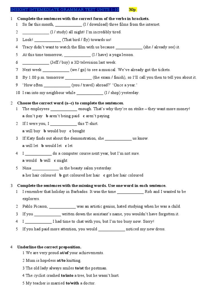 Grammar Test 1-10 | PDF | Linguistics
