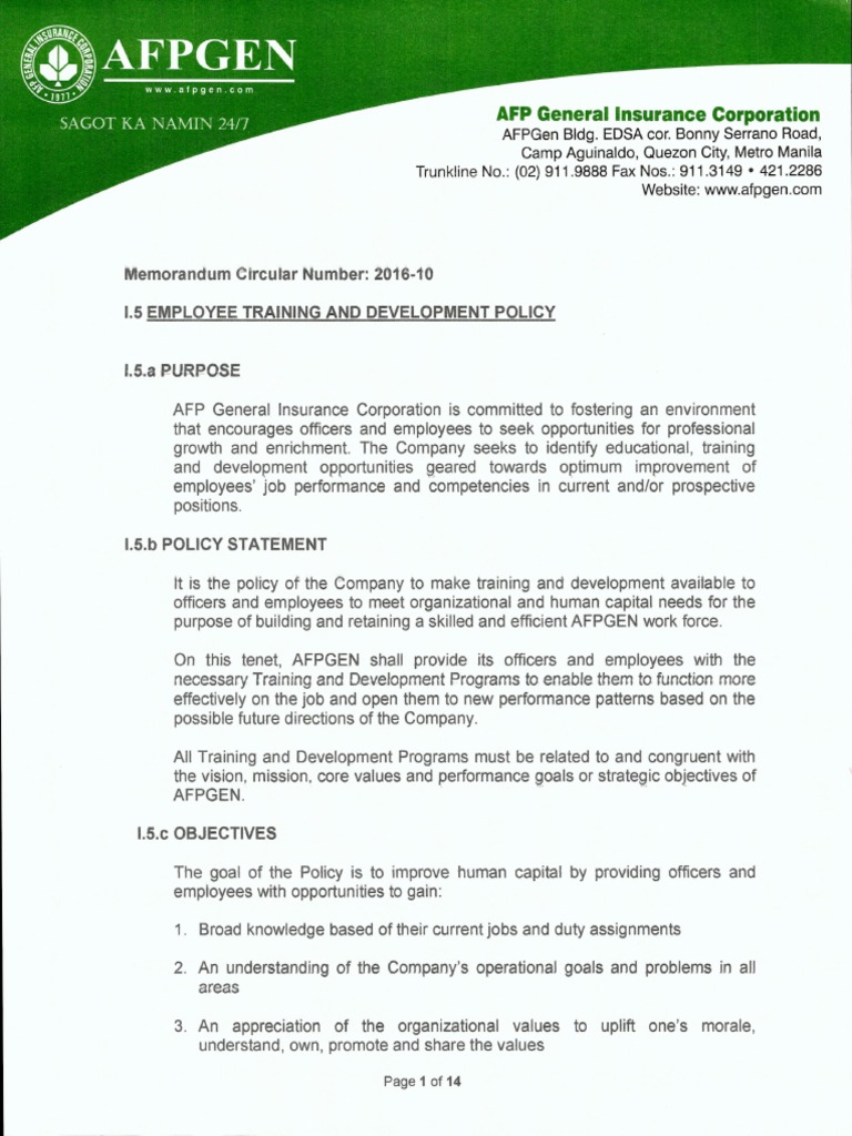 Employee Training and Development Policy | PDF