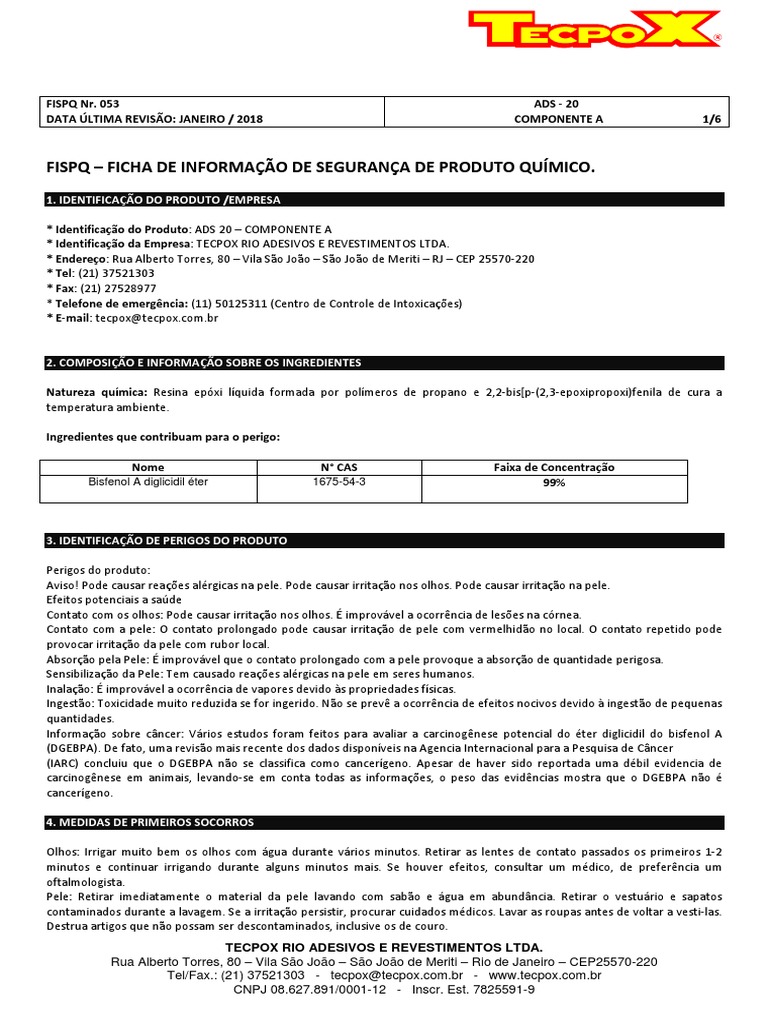 FISPQ resina epóxi segurança produto químico | PDF | Epóxi | Desperdício