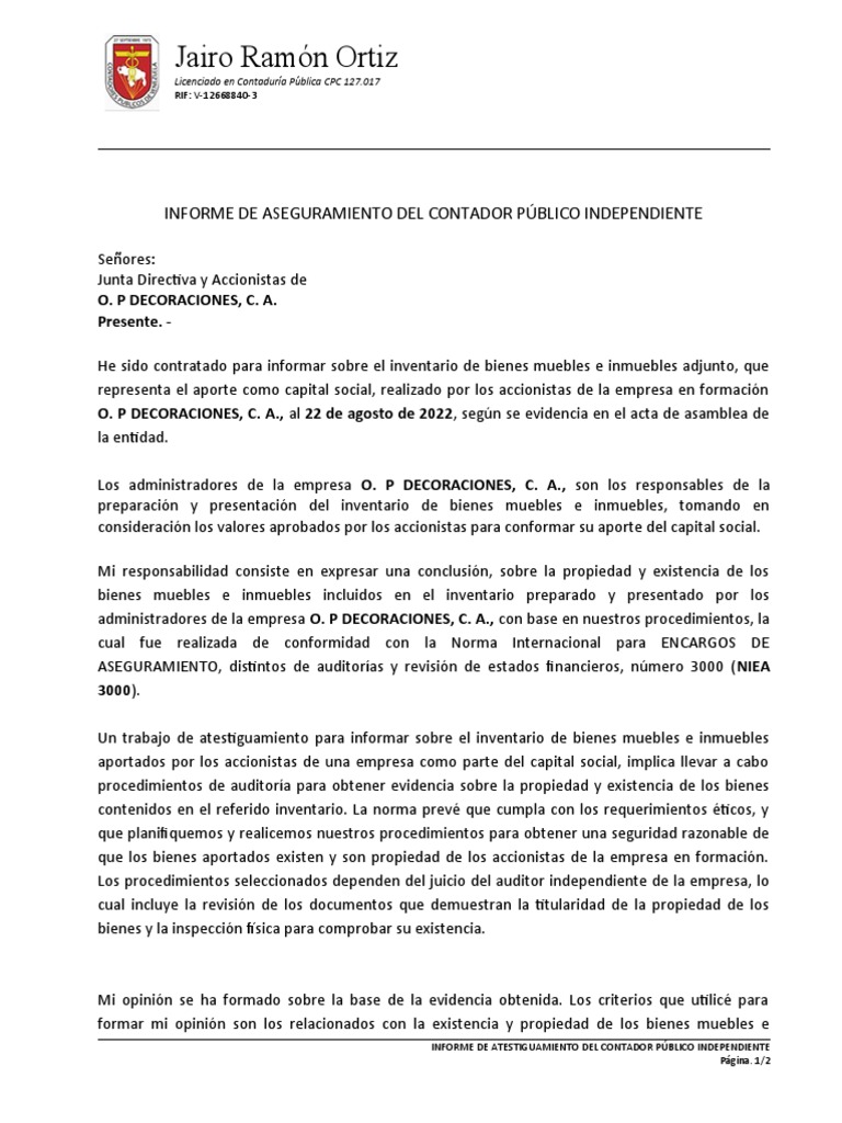 Informe de Aseguramiento NIEA 3000 | PDF | Contador | Auditoría