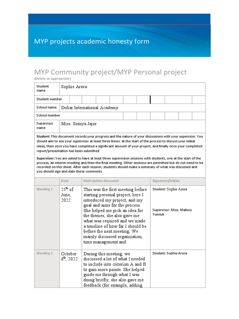 Academic Honesty Form Personal Project 2022 PDF Communication