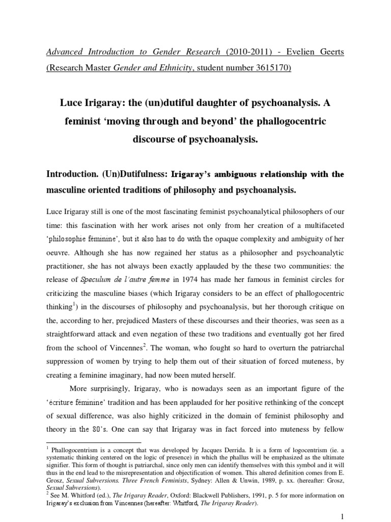 Luce Irigaray: The (Un) Dutiful Daughter of Psychoanalysis. A Feminist ...