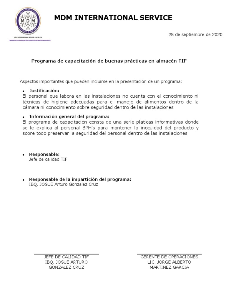 Programa de Capacitación de Buenas Prácticas en Almacén TIF | PDF