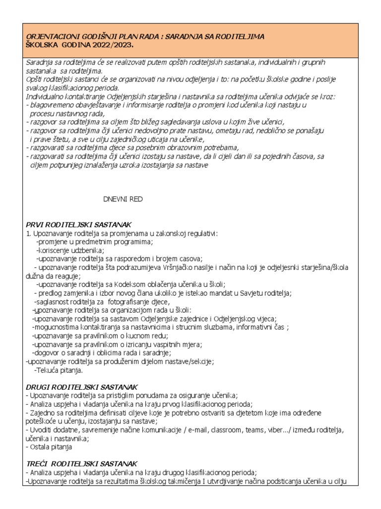 Orjentacioni Plan Saradnje Sa Roditeljima | PDF