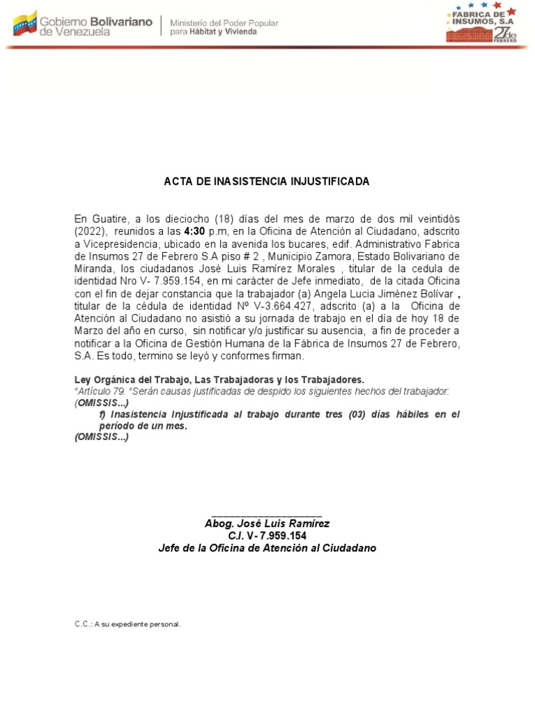 Acta de Inasistencia Injustificada Luci Jimenez | PDF