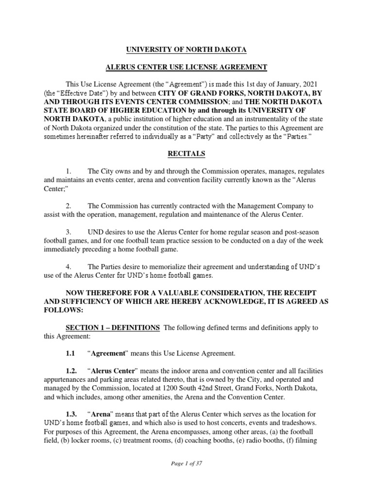UND FB Alerus Center 2021 Use Agreement | PDF | Employment | Employee ...