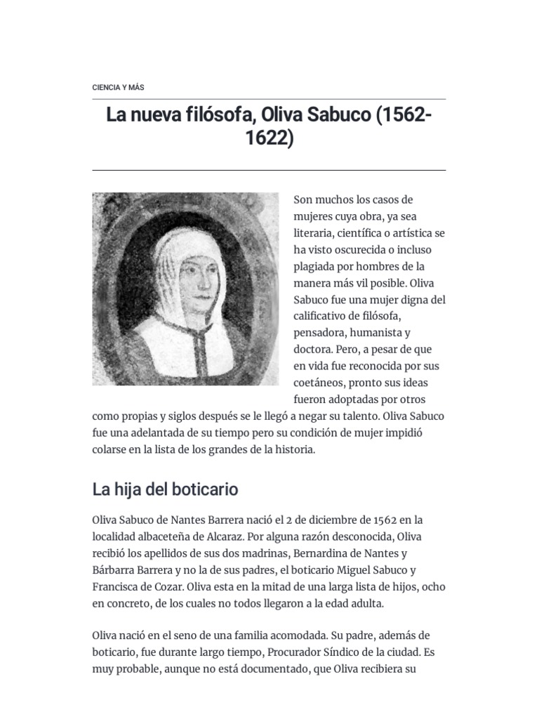 La Nueva Filósofa, Oliva Sabuco (1562-1622) - Mujer Consciencia | PDF