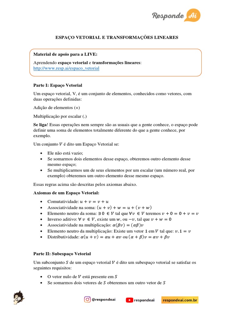 Espaços Vetoriais e Transformações Lineares | PDF | Espaço vetorial ...