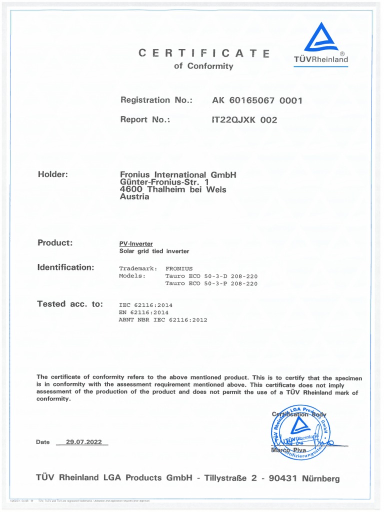 SE CER Conformity IEC 62116 Fronius TauroEco 50-208V en | PDF