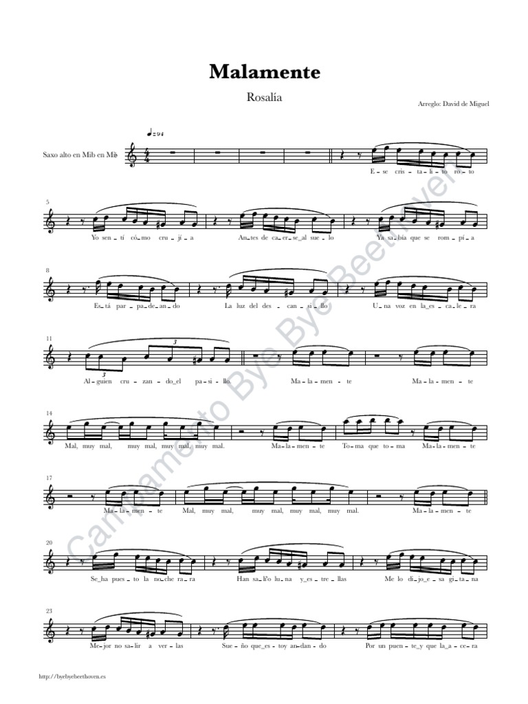 Partitura Saxo Alto MALAMENTE - Rosalia | PDF