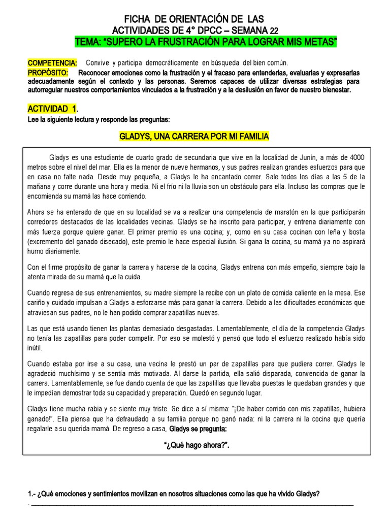 Ficha de Orientación de Las Actividades de 4° DPCC - Semana Tema ...