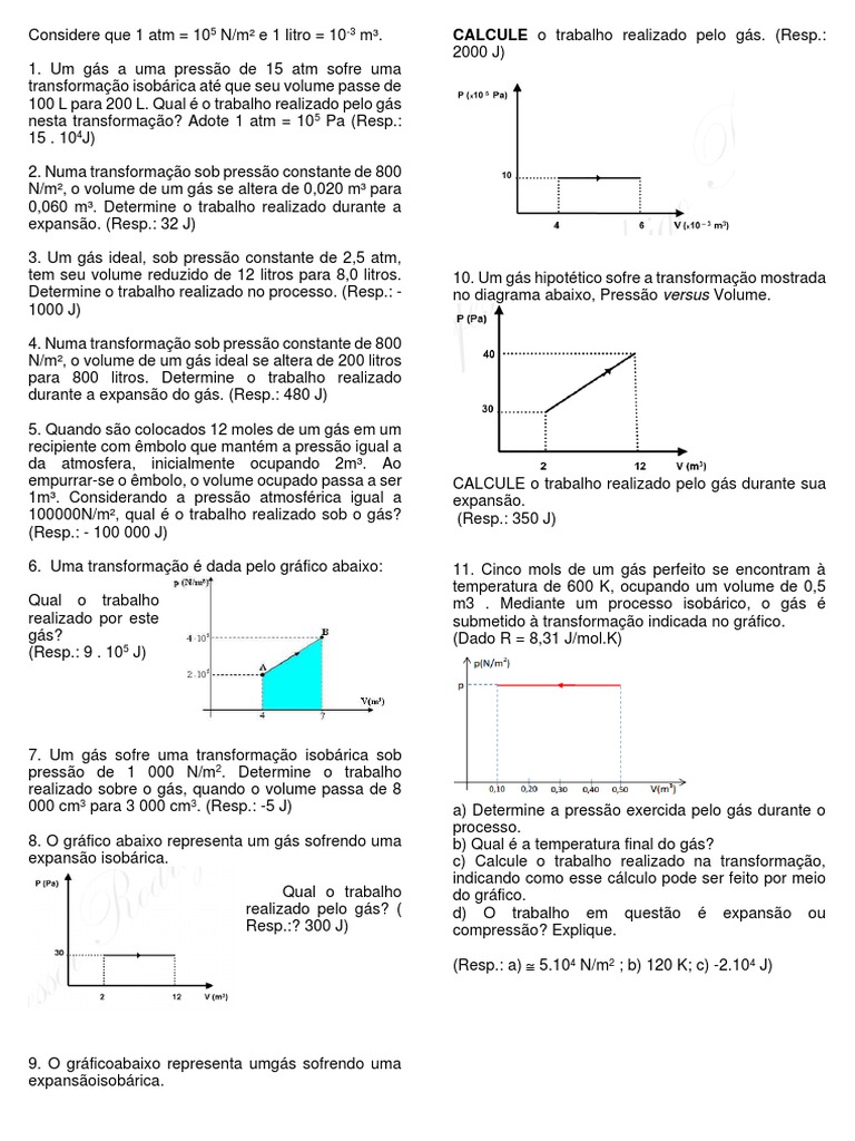 Exercícios Trabalho de Uma Transformação Gasosa | PDF | Pressão | Gases