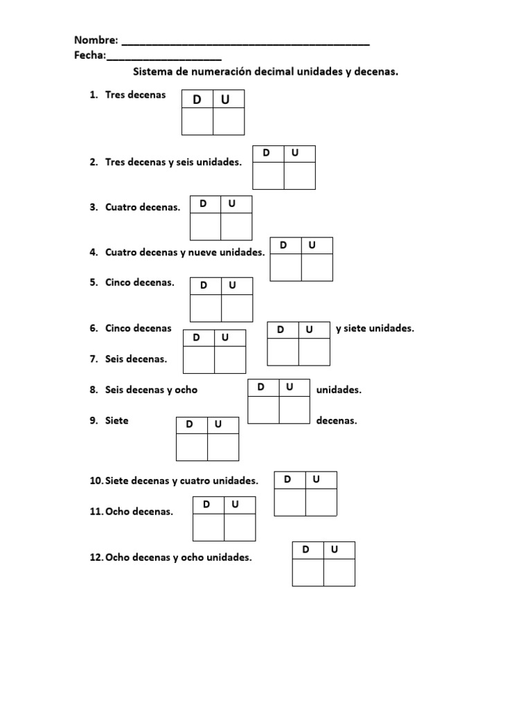 Cajas de Valores Unidades y Decenas | PDF