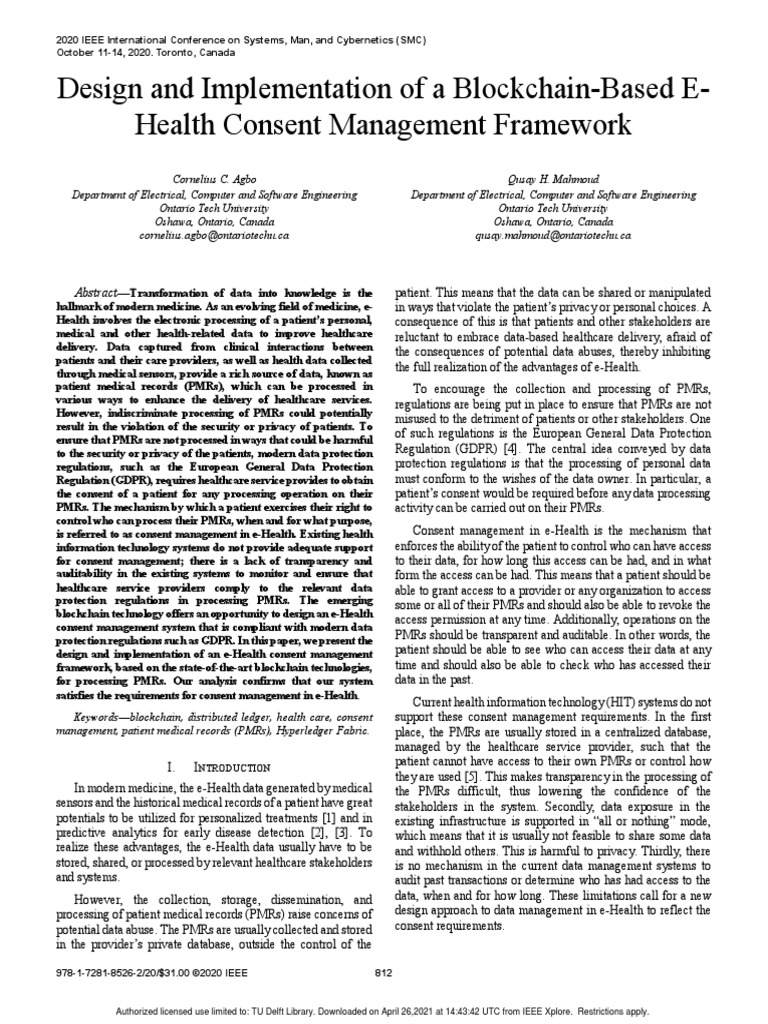 Design and Implementation of A Blockcain-Based E-Health Consent Management Framework | PDF ...
