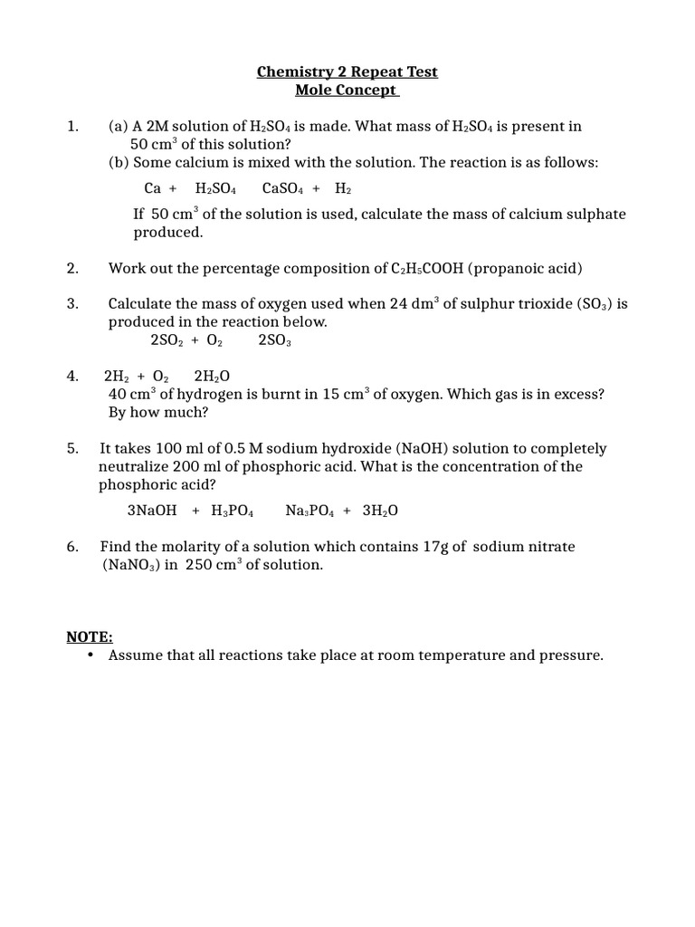 Mole Concept Repeat Test | PDF