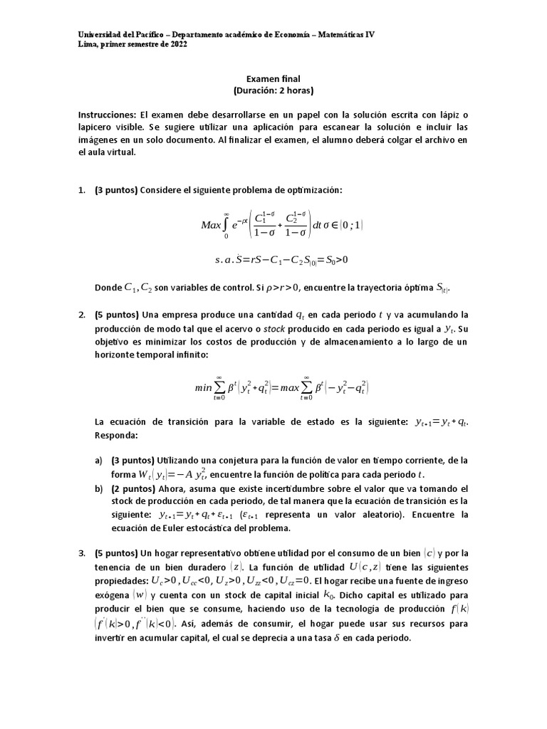 Examen Final 2022-1 | PDF | Optimización Matemática | Ecuaciones