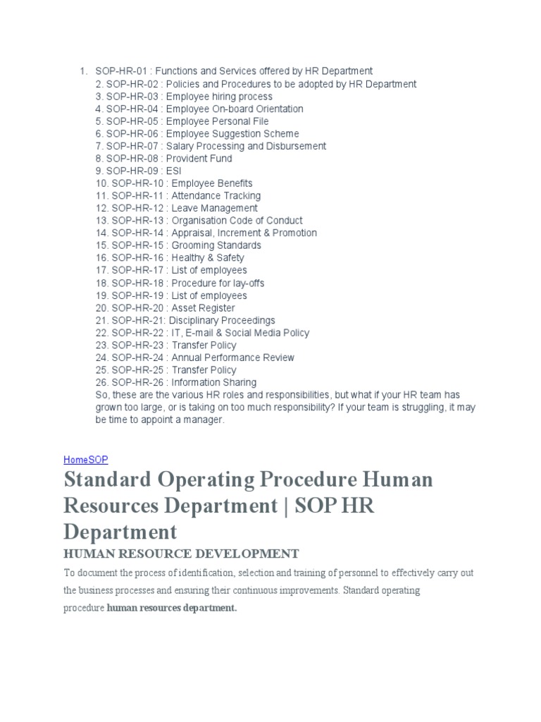 Standard Operating Procedure Human Resources Department - SOP HR ...