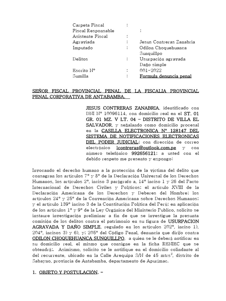 Denuncia por Usurpación y Daño Simple | PDF | Derecho penal | Propiedad